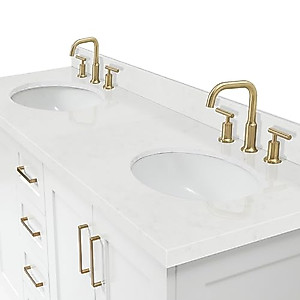 ARIEL Taylor 72" White Double Bathroom Vanity, 1.5" Edge Carrara Quartz Countertop & Splash, Oval Sinks, 4 Soft Closing Doors, 6 Full Extension Dovetail Drawers, Toe Kick, Satin Brass