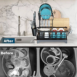 SHAINFUN Dish Drying Rack with Drainboard Set,2-Tier Dish Rack for Kitchen Counter,Rust Prevention Large Capacity Dish Drainer Organizer with Utensil Holder,Wine Glass Holder.