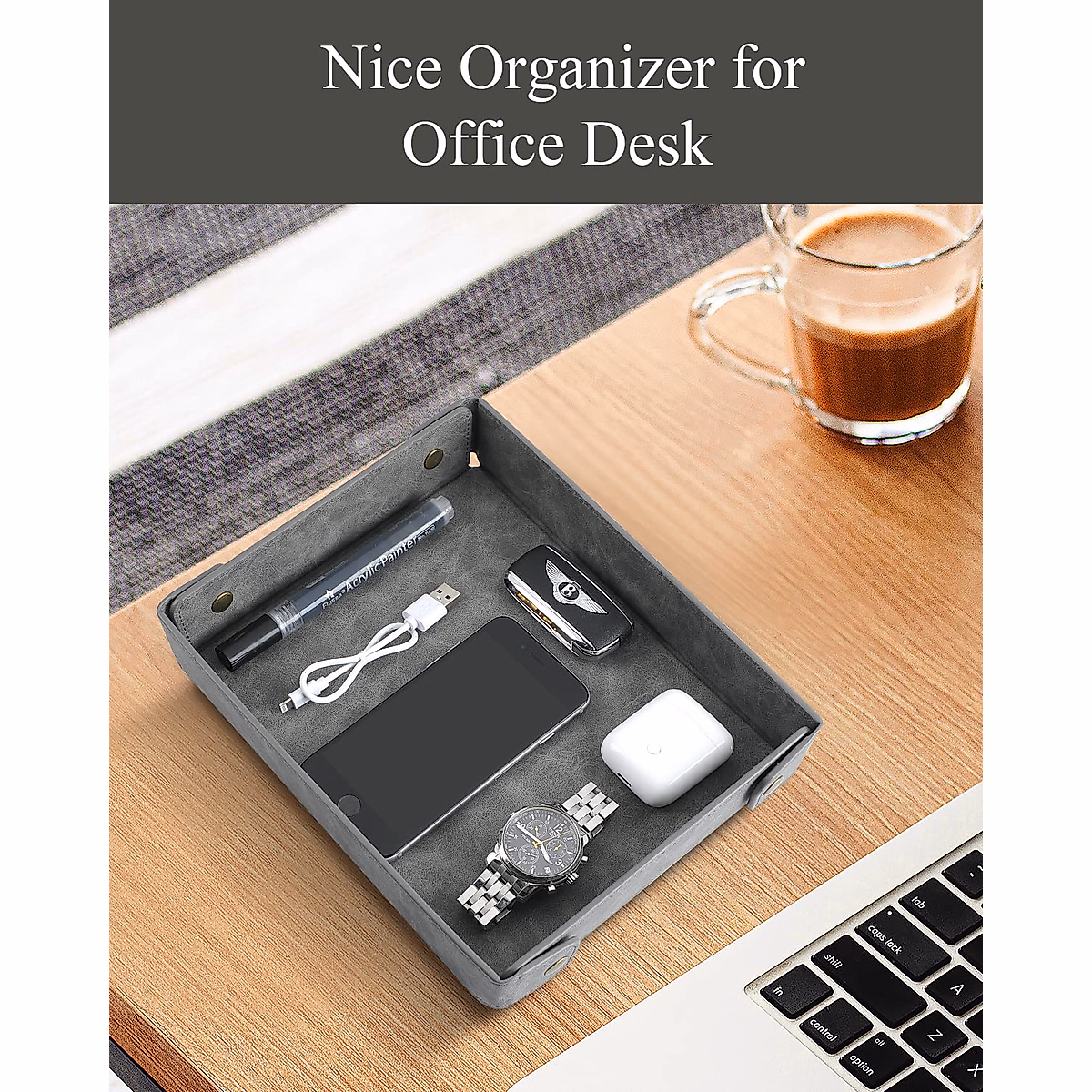 CASIRENA Faux Leather Valet Tray Organizer for Men - Catch-All Tray for Entryway Table Key, Wallet, Watch, Coin Change, Phone, Dresser EDC Dump Jewelry, Bedside Nightstand Desk-top Catchall Tray