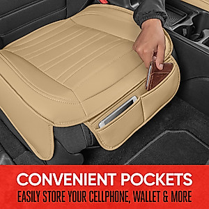 Motor Trend Seat Covers for Cars Trucks SUV, Faux Leather Beige Padded Seat Covers with Storage Pockets, Premium Interior Car Seat Cover, 2 x Front Seat Covers