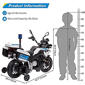 12V 7AH Ride On Police Motorcycle, Licensed BMW Kids Ride On Car with High/Low Speed,Music,2 Storage Boxes,Warning Lights and LED Headlights,Spring Suspension,EVA Tire,Training Wheels
