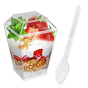 Wiaregom 50Pack 5oz Square Plastic Dessert Cups with Lids and Spoons,Clear Parfait Appetizer Cups for Tasting Party Desserts Fruit Parfait Baby Shower Party