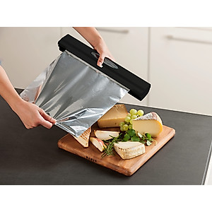 WENKO Plastic, Cling Film Holder, Refillable Aluminum Foil Wrap Dispenser with Slide Cutter for Kitchen Organization, 14.96 x 2.05 x 2.64 in, Black