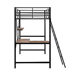Metal Loft Bed with L-Shaped Desk and Shelf, Black