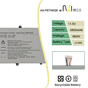 66Wh AA-PBTN6QB PBTN6QB Laptop Battery Replacement for Samsung Notebook 9 NP900X5N NT900X5N-X78L NP900X5N-X01US NP900X5N-L01US NP900X5N-K03 900X5N-K02 NP900X5N-K07HK 900X5N Series AAPBTN6QB 11.5V