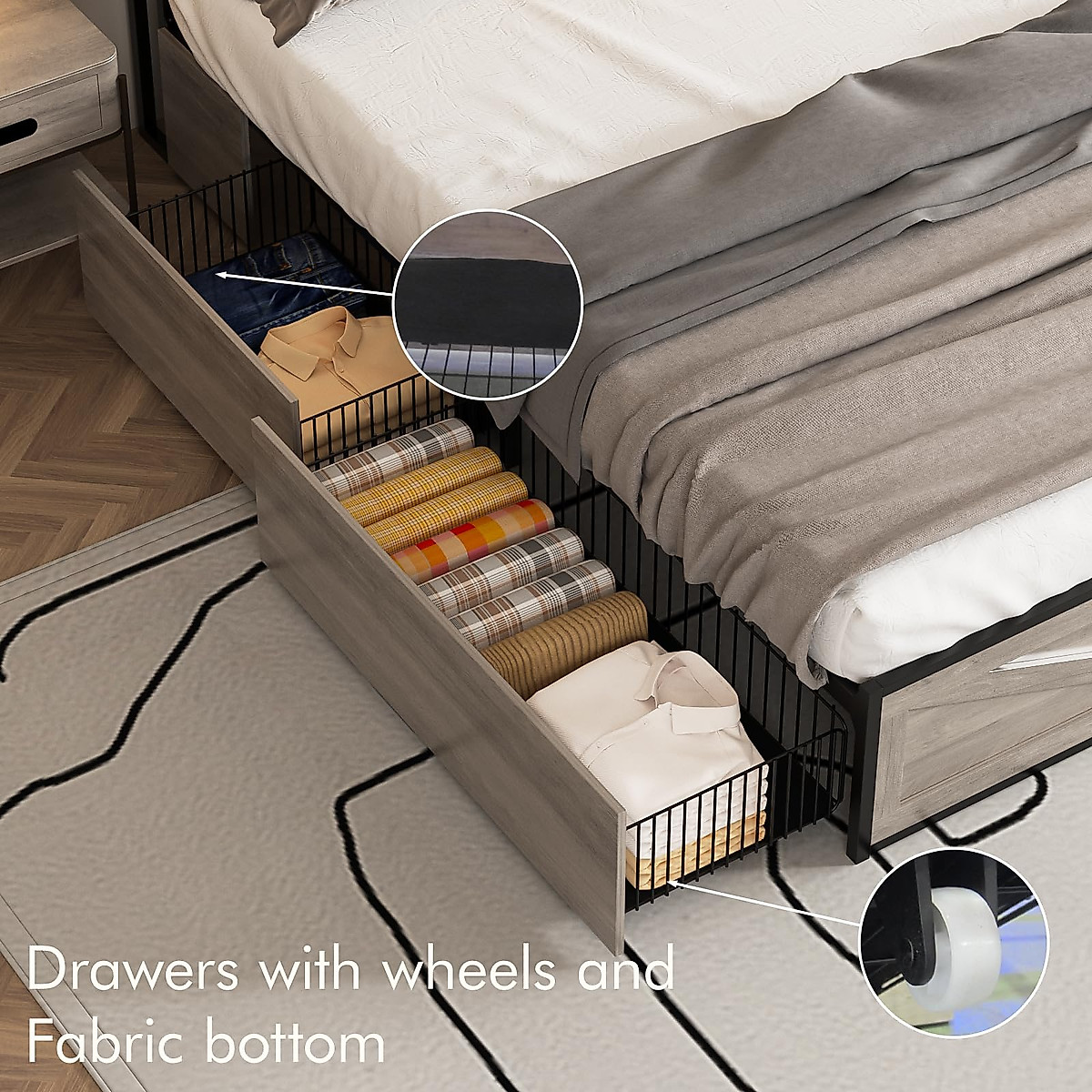 Halitaa LED Queen Size Bed Frame with Charging Station & 4 Drawers, Platform Metal Bed Frame with Headboard USB Ports Outlets, Farmhouse Bed Frame with LED Lights, Noise Free, Wash Grey (Queen)