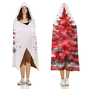 Soft Cozy Blanket Red Watercolor Christmas TreeWearable Blanket-Super Soft Plush Warm Blanket Throw BlanketsXmas Tree Blanket Hoodie for Women Men for Couch Bed 40"x50" Spring Summer Blanket Hoodie