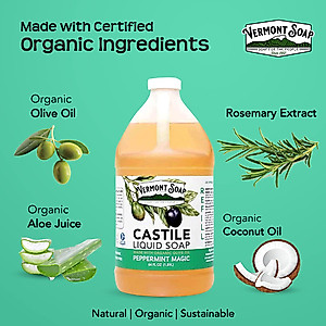 Vermont Castile Soap Peppermint, Gentle Liquid Soap for Sensitive Skin & Natural Body Wash, Organic Hair Shampoo for Oily Hair, Aloe Castile Soap for Men & Women - 64 Oz