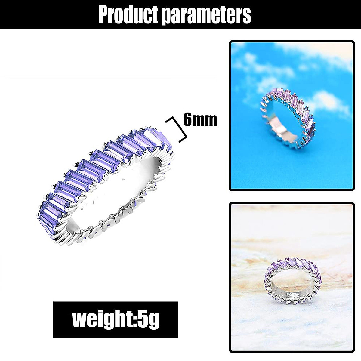 ABJFJE Rainbow Baguette Crystal Band Ring Anniversary Eternity Cubic Zirconia Ring Elegant Wedding Cocktail Rings Fashion Luxury Jewelry for Women