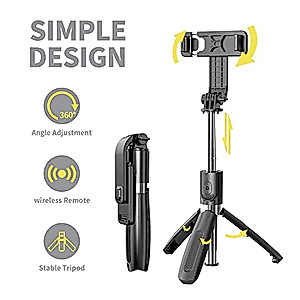 Portable Selfie Stick, Handheld Phone Tripod Stand with Detachable Wireless Remote, Selfie Stick Tripod for iPhone 14 13 12 11 pro Xs Max Xr X 8 7 Plus, Android Moto Samsung Google Smartphone, More