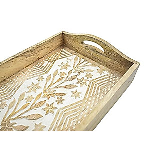 Hand Carved Wooden Breakfast Serving Tray with Handle for Breakfast Tea Snack Dessert | Kitchen Dining Serve-Ware Accessories | 15 x 10 Inches | 2049