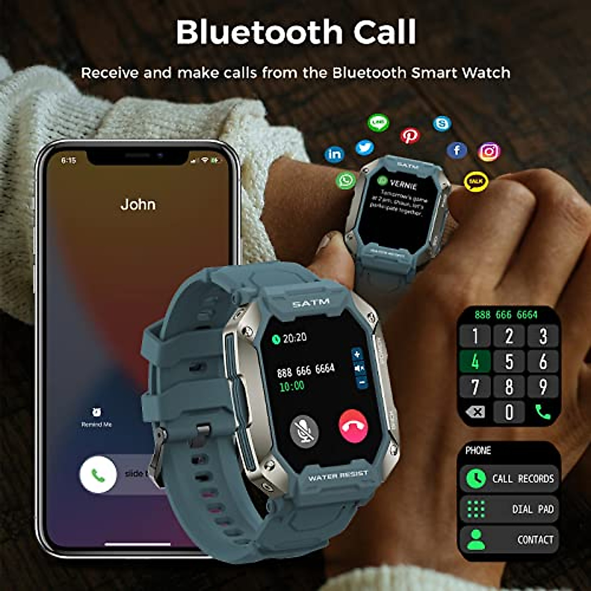 AMAZTIM Smart Watches for Men,50M Waterproof Rugged Military Grade Bluetooth Call(Answer/Dial Calls)，Health Tracker for Android Phones and iPhone Compatible,1.72" Heart Rate/Blood Pressure Watch