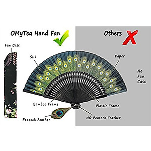 OMyTea Hand Held Folding Fan for Women Peacock Chinese Japanese Oriental Asian Style - for Wedding, Dancing, Church, Party, Gifts (Green)