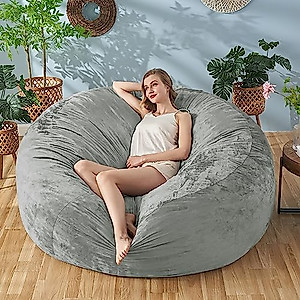 XIECUVA Bean Bag Chair Cover (Not A Full Bean Bag), Large Round Soft Fluffy Ultra-Fine Fiber Velvet Sofa Bed Cover, Lazy Sofa Bed Cover, 6ft Light Drey (Cover Only, No Filler)
