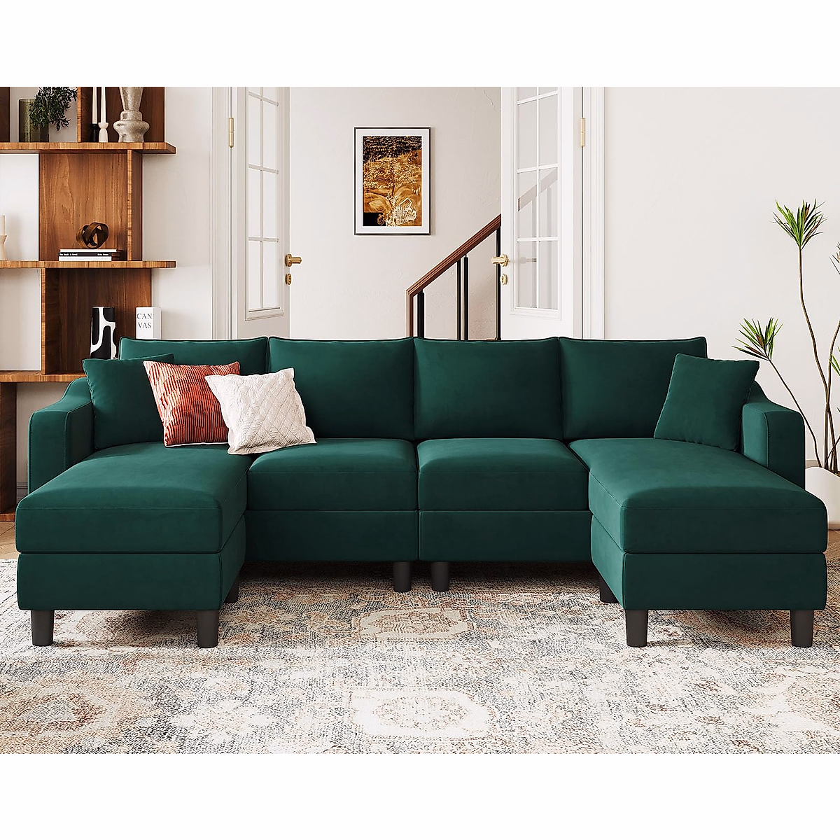 Belffin U Shaped Sectional Sofa Velvet Convertible Sofa with Reversible Chaises Sectional Couches with Ottomans for Living Room (Green)…