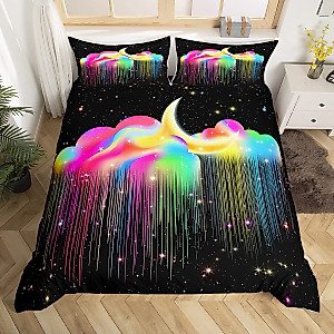 Rainbow 3D Print Clouds Duvet Cover Set Queen Size,Starry Galaxy Moon Night Bedding 3 pcs for Fancy Home Decor,Gradient Watercolor Bedding Set for Adults Men Women,Colorful,2 Pillowcases