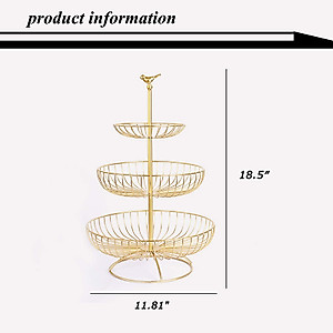 SuperDuo 3-Tier Fruit Basket Bowl Metal Wire Countertop Vegetable Stand Holder with Top Handle-Bird Shape for Kitchen Livingroom -Golden