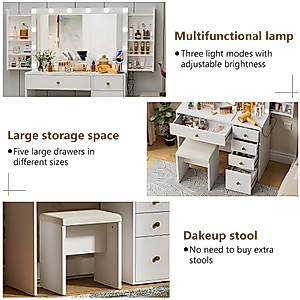 PAKASEPT Makeup Vanity Desk with Lighted Mirror and Charging Station, 39.4" White Vanity Table with 3 Lighting Colors, Hidden Sliding Shelves, 5 Drawers & Stool, Vanity Set for Bedroom