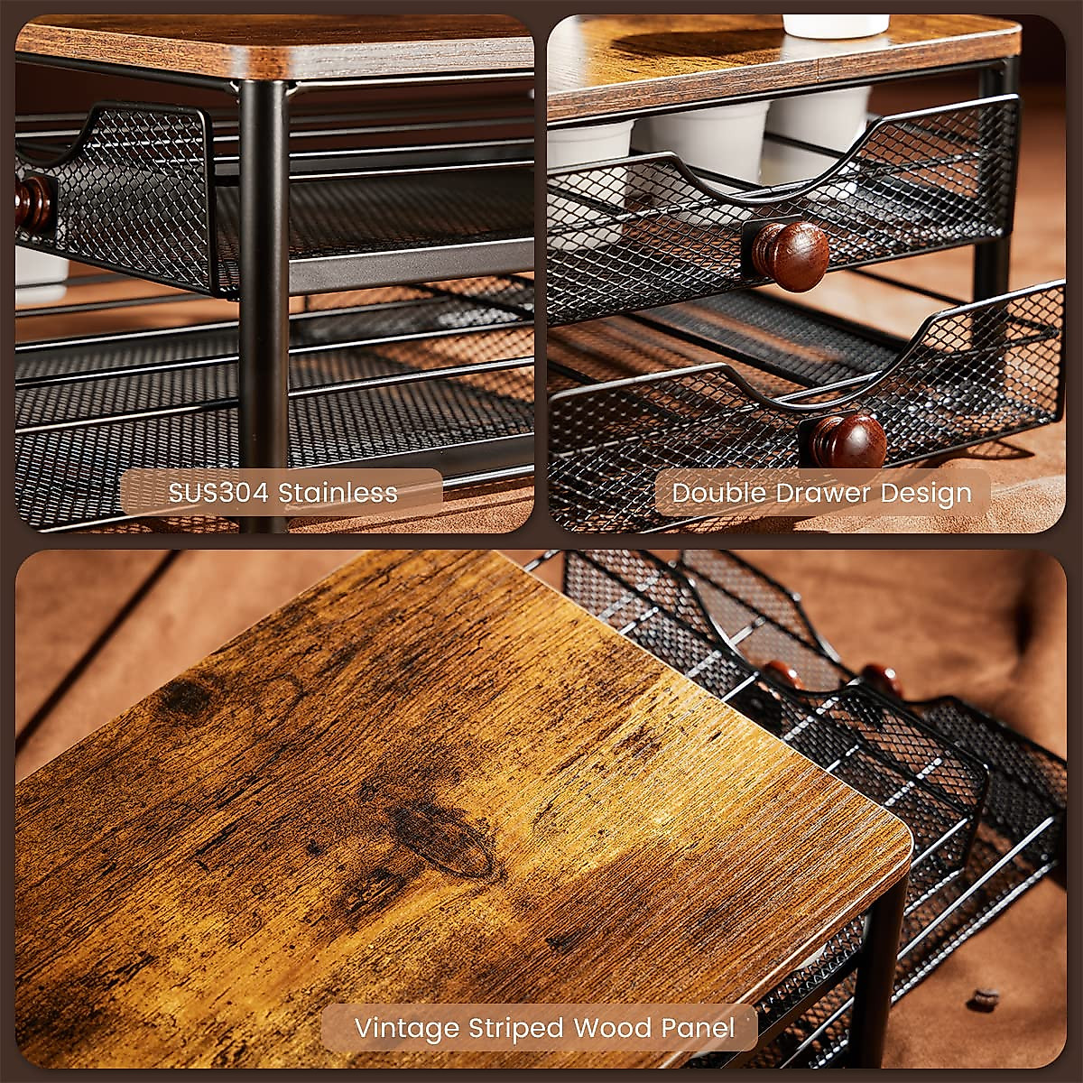 HOYRR K Cup Holder, K Cup Storage Rack, Coffee Station Coffee pods Organizer, 2-Layer Storage Drawer K Cup Holder , K Cup Holder of Wood and Iron,48 Capacity Capsule Pods Storage Organizer.