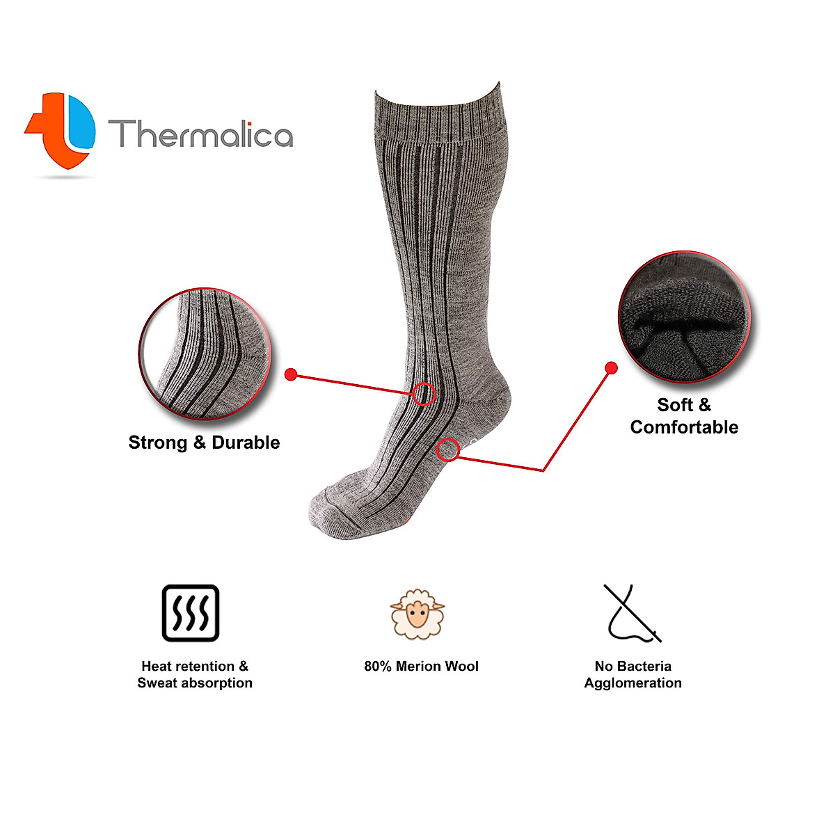 Luxury Thermal 80% True Merino Wool Socks-Over Calf, For Boots, Hiking,Ski &Home Light Gray