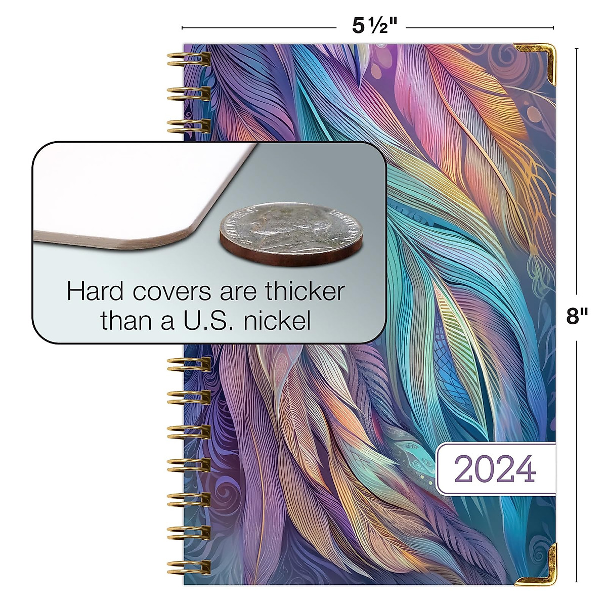 Global Printed Products HARDCOVER 2024 Planner: (November 2023 Through December 2024) 5.5"x8" Daily Weekly Monthly Planner Yearly Agenda Bookmark, Pocket Folder & Sticky Note Set (Pastel Peacock)
