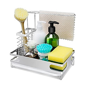 UOIENRT Sink Caddy Kitchen Sink Organizer, Brushed Stainless Steel Sponge Holder for Sink Kitchen Sink Caddy Organizer Dish Rags Brush Scrubber Soap Dispenser Bottle Holder Counter Storage