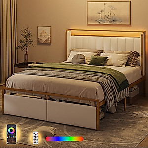 LIKIMIO King Bed Frame with Armrests Headboard & RGB Light, Modern Upholstered Bed Platform with Drawers, No Box Spring Needed, Study & No Noise Gold and White