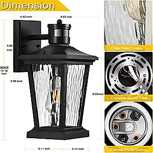 Karuoshirui Motion Sensor Outdoor Wall Lantern，Porch Lights Dusk to Dawn Sensor Exterior Light Fixtures Wall Mount，Aluminum Shell Black Outdoor Wall lamp Water Ripple Tempered Glass Outdoor Light