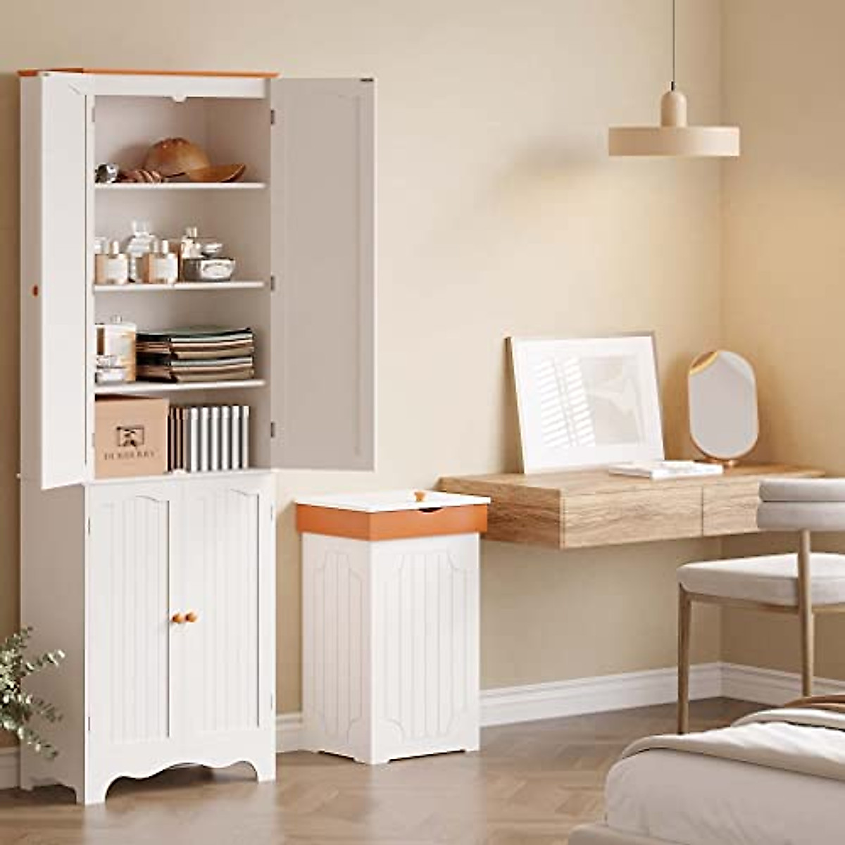 Function Home Trash Can Cabinet, 23 Gallon Kitchen Garbage Can, Wooden Recycling Trash Bin, Freestanding Dog Proof Trash Can, Farmhouse Trash Cabinet with Lid for Home Kitchen Bathroom, White