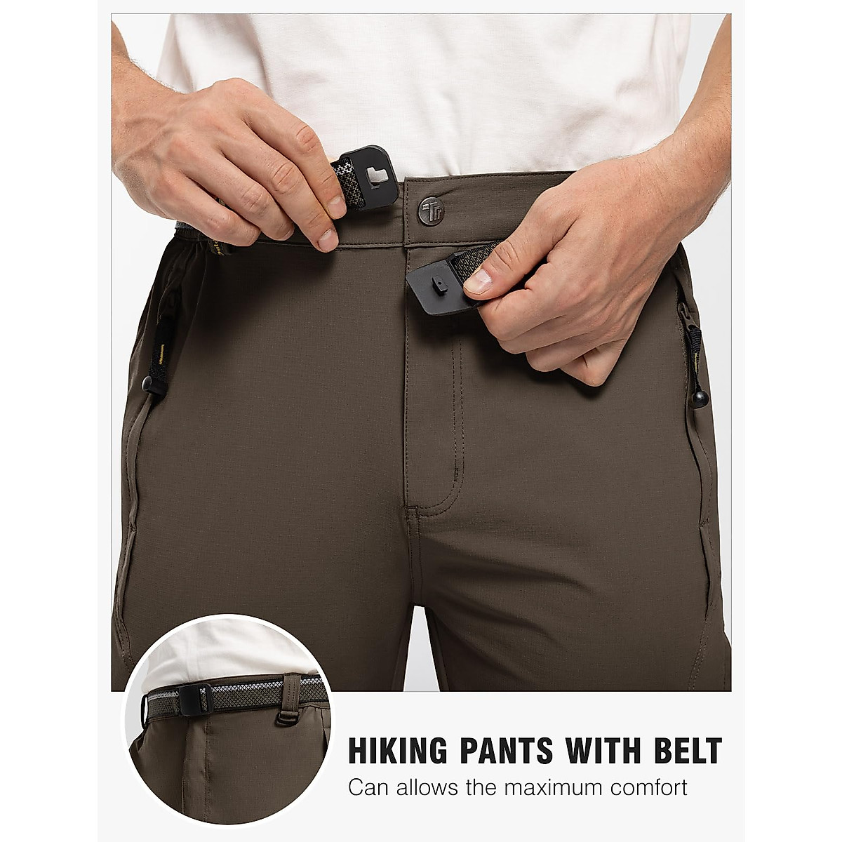 TBMPOY Men's Lightweight Hiking Pants with Belt 5 Zip Pockets Waterproof Quick-Dry Travel Fishing Work Outdoor Pants Thin Brown M