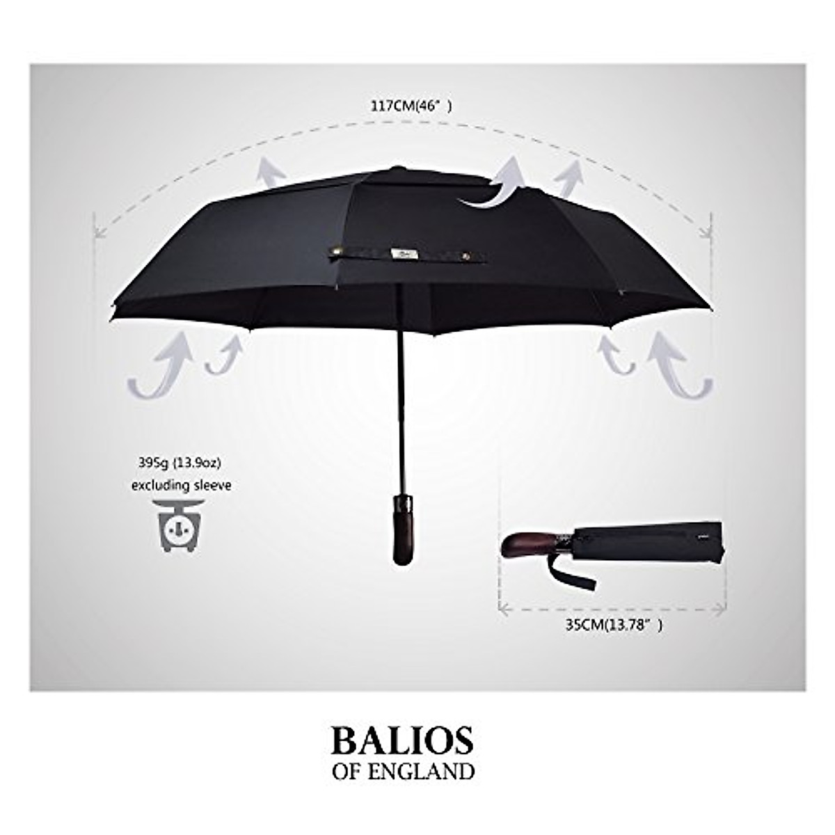 Balios Prestige Travel Umbrella Real Wood Handle Auto Open Close Vented Windproof Canopy Black