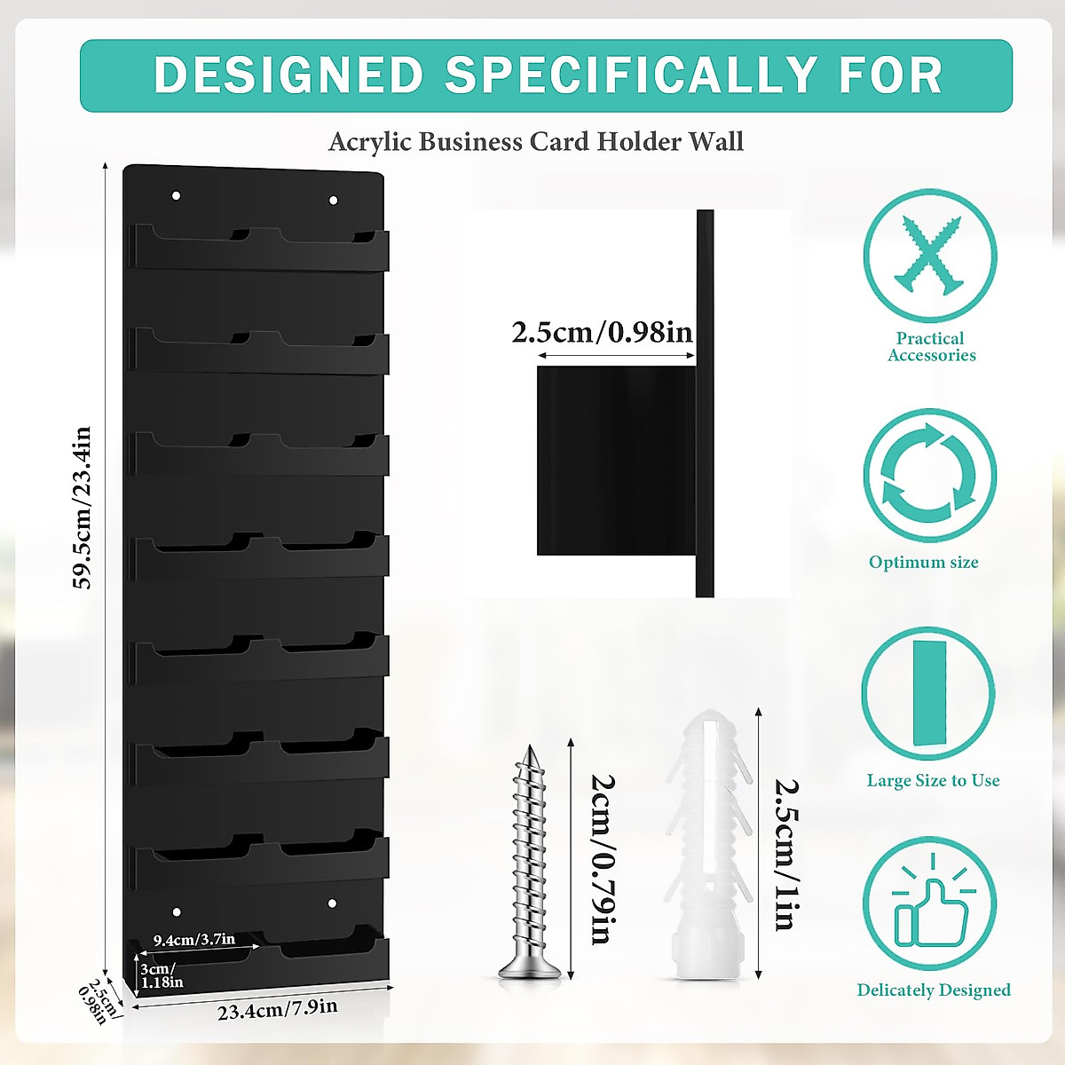 Geelin 2 Pcs Business Card Holder with Hanging Hardware Black Acrylic 16 Pocket Business Vertical Organizer Wall Mount Sticker Display Rack Pre Drilled Organizing Stand for Office Home (Vertical)