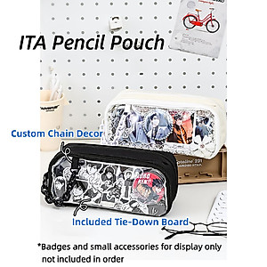 MILLEVIBE ITA Pencil Pouch - Large Capacity Office Pen Case with Clear Window for Anime Display & Chain for Easy Portability (Black)