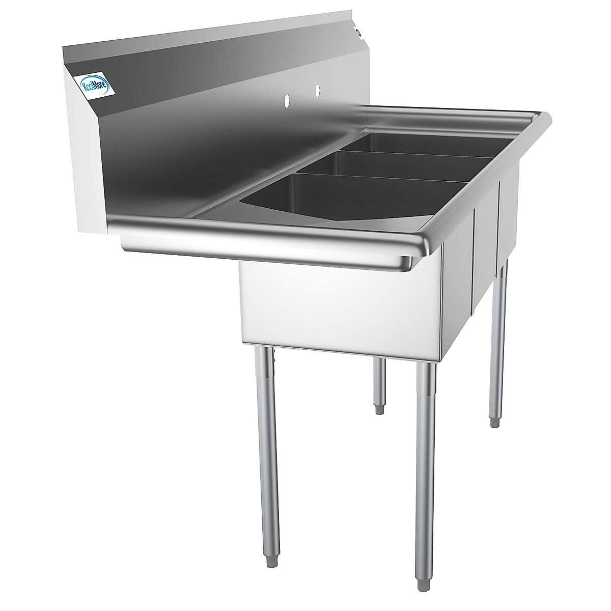 KoolMore 3 Compartment Stainless Steel Commercial Kitchen Sink with Large Drainboard - Bowl Size 12" x 16" x 10", Silver