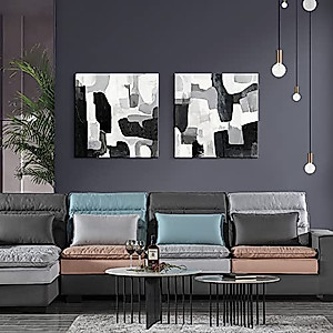 Pigort Black and White Abstract Hand-Painted Wall Art Decor - 2 Piece Set, Grey Decorative Framed Black & White Abstract Canvas Art for Living Room, Bedroom, Office Home Decor & Gift 24x24Inch