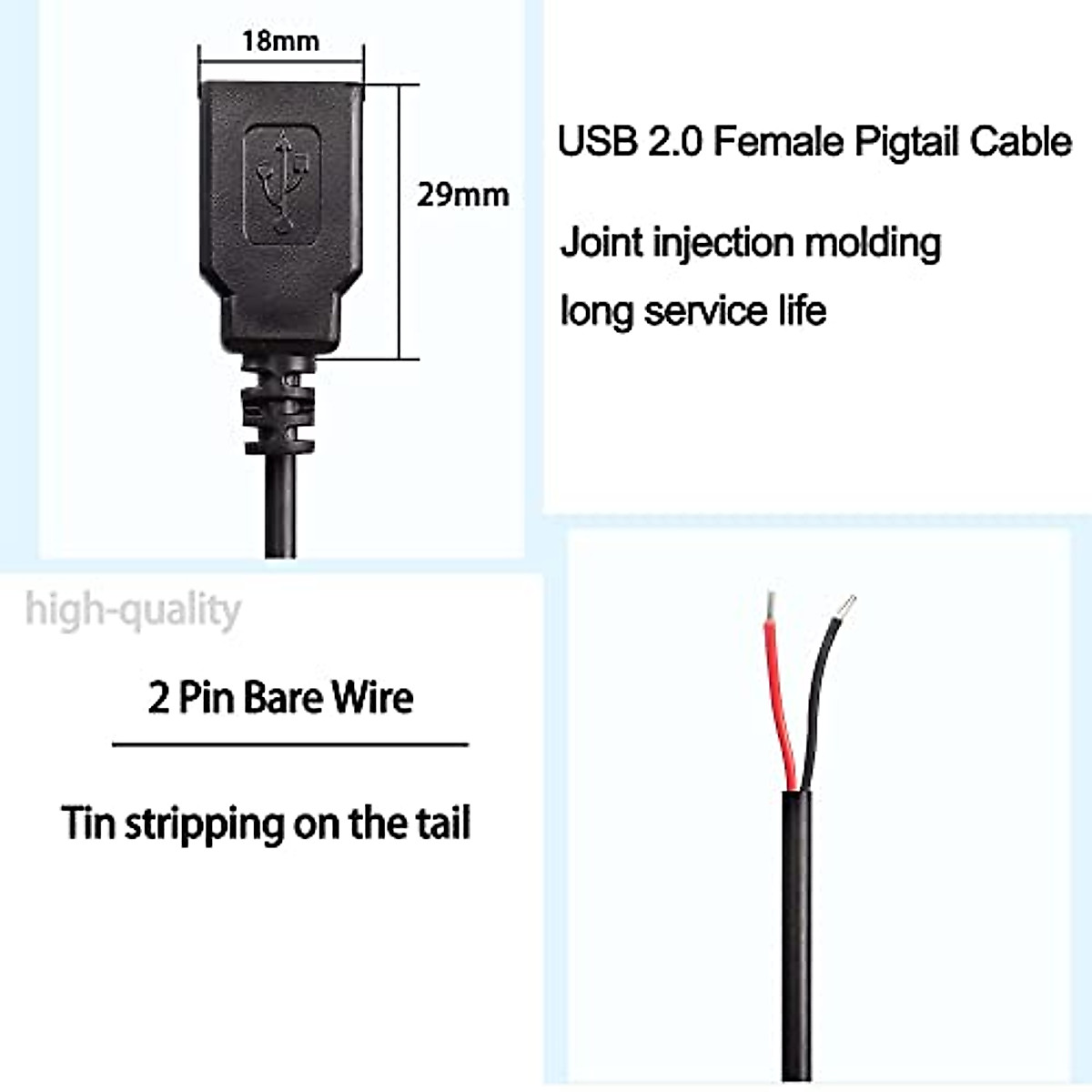 XMSJSIY USB 2.0 Female Pigtail Cable Extension Power Cable 22AWG 5V 3A USB A Socket to 2 Pin Bare Wire Open End Connector for DIY-2 Pcs (0.3M)