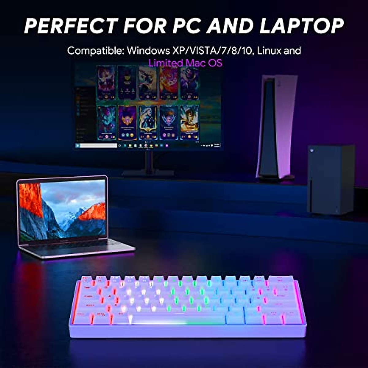 TECURS 60% Gaming Keyboard Mechanical Led Wired Keyboard Mini 61 Key Compact Gamer Keyboard Clicky with Blue Switch for Computer PC Laptop
