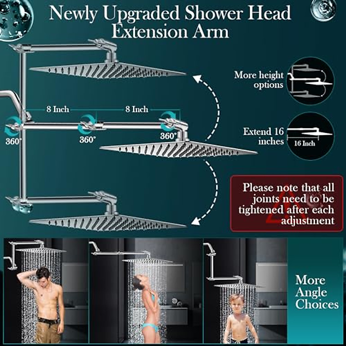 12'' Rain Shower Head Combo, High Pressure Rainfall Shower Head with 16'' Flexible Adjustment of Height/Angle Upgraded Extension Arm and 5 Setting Spray Handheld Shower Head, Anti-leak (Chrome)