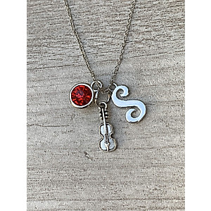 Personalized Violin Charm Necklace with Birthstone & Letter Charm, Viola, Cello Pendant Necklace, Violin Jewelry for Women, Teens and Girls