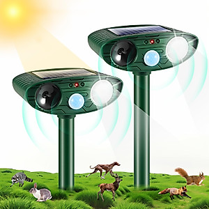 2 Pack Upgraded Ultrasonic Animal Repeller Outdoor,Solar Animal Repeller with Motion Sensor & Deterrent Light to Scare Raccoon Cat Rabbit Squirrel Skunk Dog Deer Repellent Devices for Yard Protection