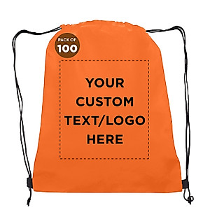 DISCOUNT PROMOS Custom Non-Woven Drawstring Backpacks Set of 100, Personalized Bulk Pack - Bring Everywhere You Go, Great for Travelling, Gym and for Everyday Use - Orange