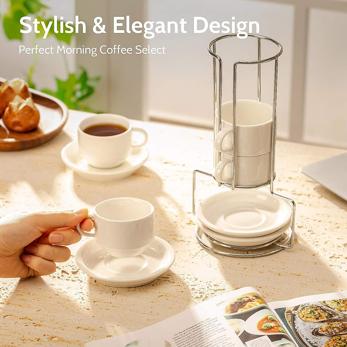 Sweese 2.5 Ounce Porcelain Stackable Espresso Cups with Saucers and Metal Stand Set of 4, White