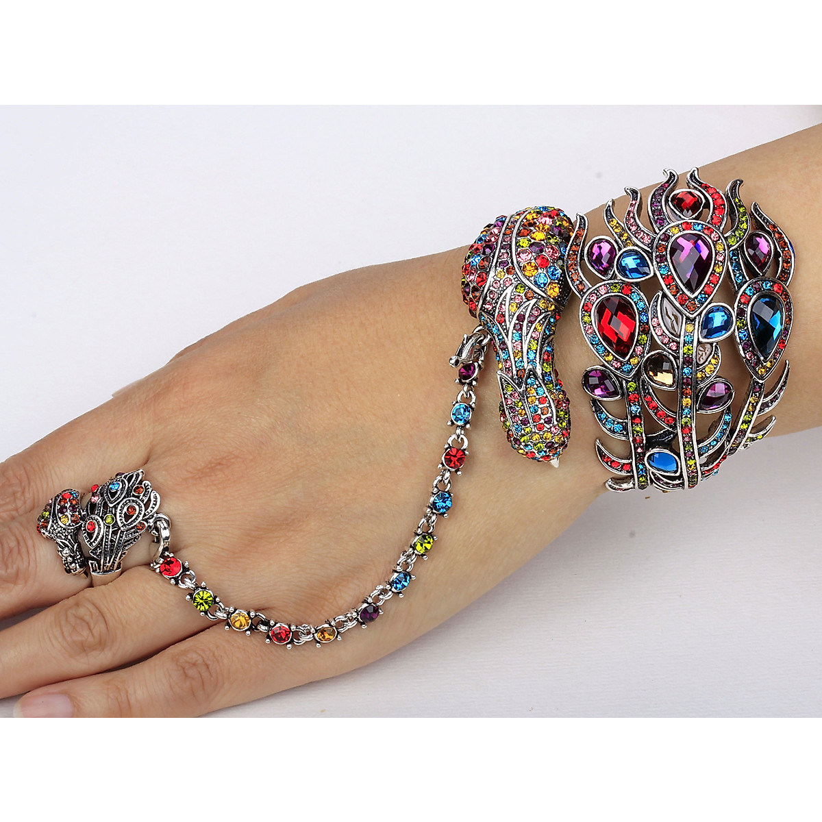 YACQ Women's Hinged Big Peacock Bracelet Slave Stretch Ring Set - Fit Wrist Size 6-1/2 to 7-1/2 Inch & Finger 7 to 9 - Lead Nickle Free - Halloween Costome Outfit (Multicolor)