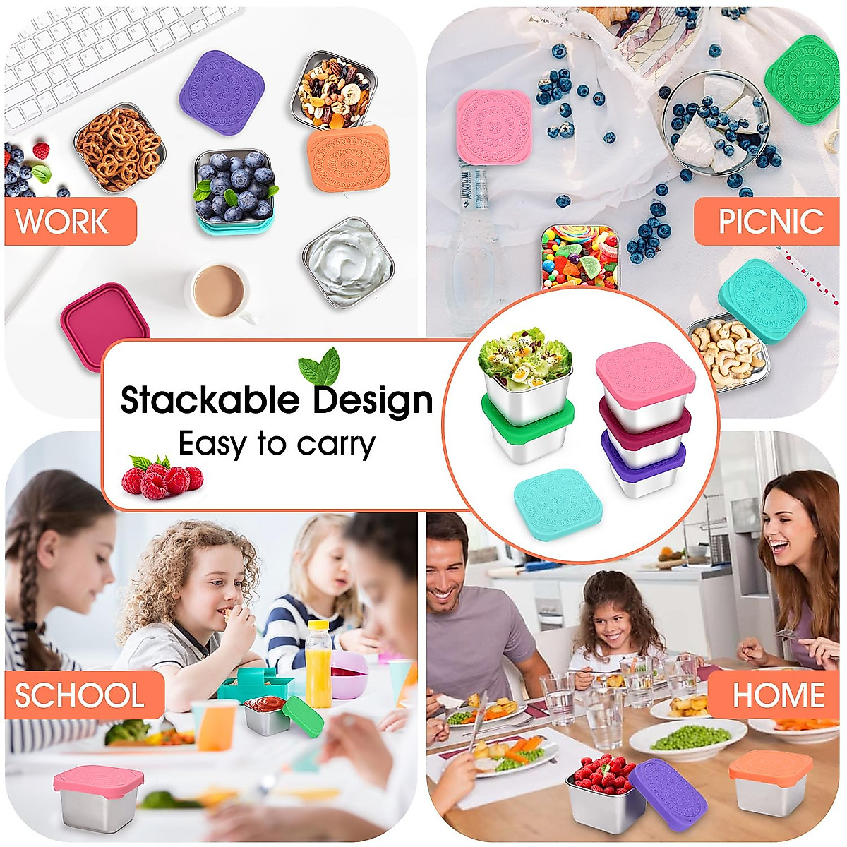 6Pack Stainless Steel Snack Containers, 6oz 304 Stainless Steel Metal Sauce Food Storage Box Containers with Silicone Lids, Reusable Small Portable Leak Proof Food Lunch Boxes Set, Easy Open