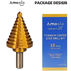 amoolo Titanium Step Drill Bit (10 Step), 1/4" to 1-3/8", High Speed Steel (HSS) 1/4" Hex Shank Unibit for Soft Metal Sheet, Wood, Plastic, Multiple Hole Drilling Cone Drill Bit
