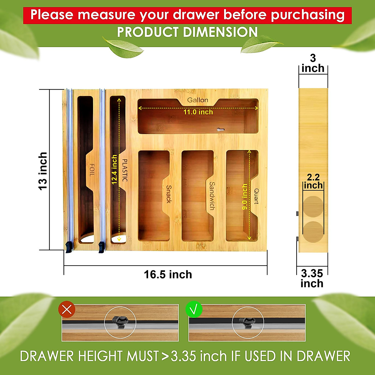 SERHINA Storage Bag Organizer for Kitchen Drawer - Foil and Plastic Wrap Organizer with Cutter - Plastic Bag Organizer - Food Baggie Storage for Sandwich Snack Gallon Quart