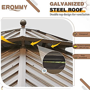 EROMMY 10'x12' Hardtop Gazebo Double Roof Galvanized Steel Canopy Outdoor Aluminum Frame Permanent Metal Pavilion with Netting and Curtains for Patio Backyard Deck and Lawns