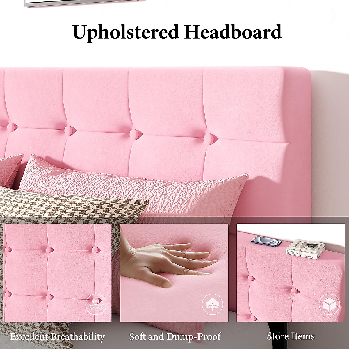 UNIZONE Full Size Bed Frame with Button Tufted Upholstered Headboard, Velvet Platform Bed with Wood Slats Support, Mattress Foundation, No Box Spring Needed, Easy Assembly, Pink