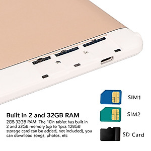 Asixxsix 10in Portable Call Tablet, Dual SIM Dual Standby, 2GB 32GB RAM, IPS 1080P HD Screen, Dual Camera, 100 to 240V (Gold)