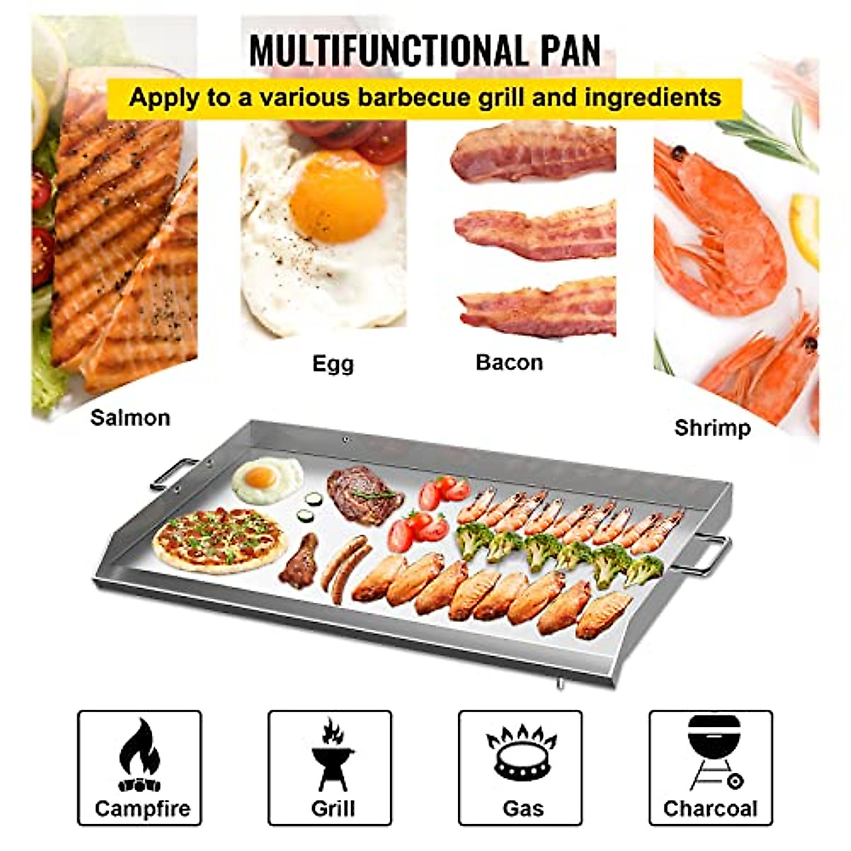 VEVOR Stainless Steel Griddle,32" X 17" Universal Flat Top Rectangular Plate, BBQ Charcoal/Gas Grill with 2 Handles and Grease Groove with Hole，Grills for Camping, Tailgating and Parties